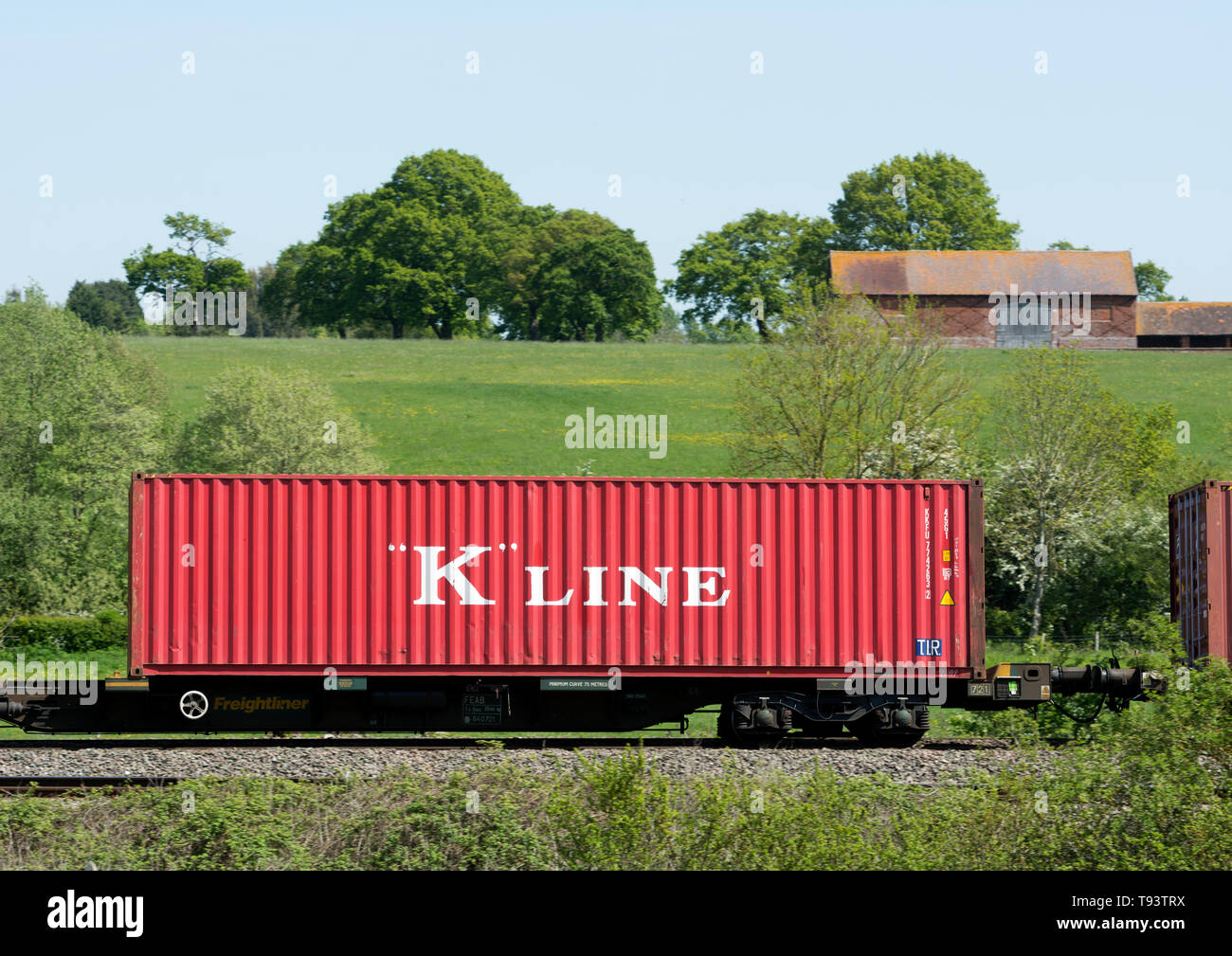 K Line shipping cotainer on a freightliner train, Warwickshire, UK ...