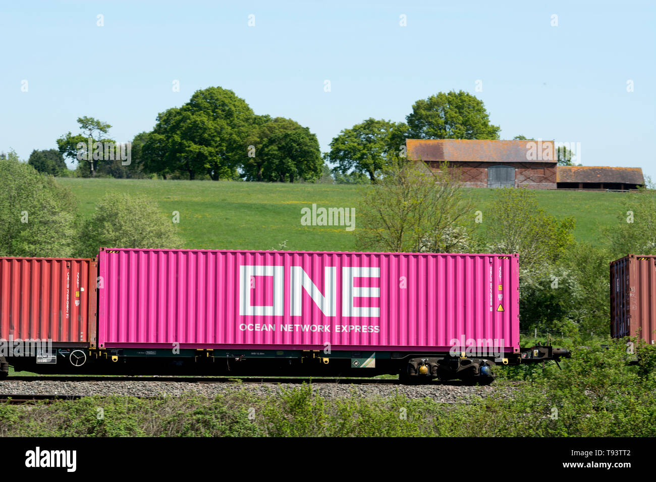 Ocean Network Express shipping cotainer on a freightliner train ...
