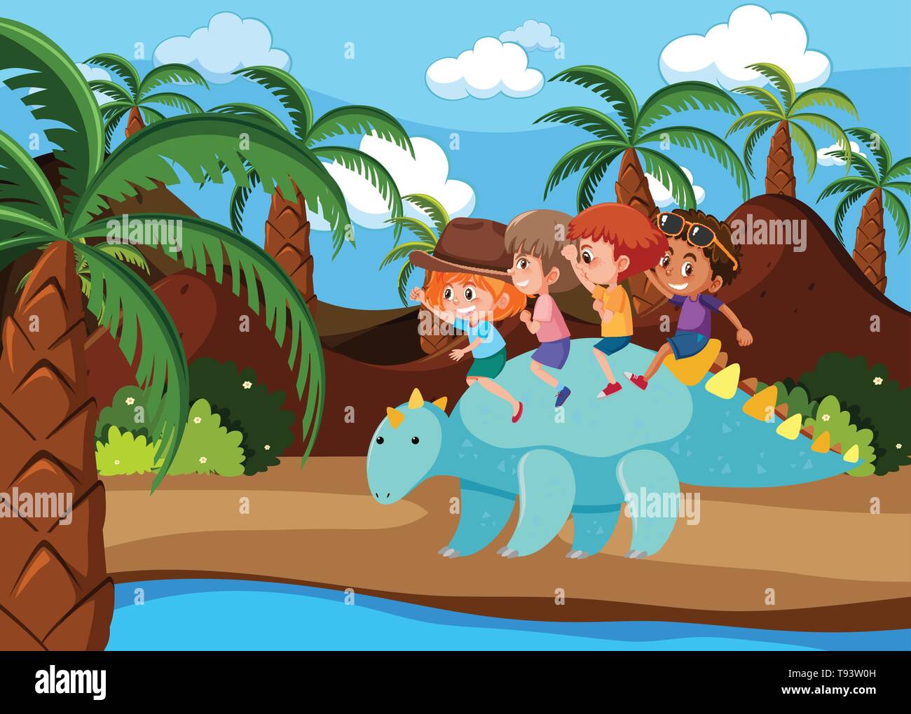 Children riding dinosaur in nature illustration Stock Vector Image ...