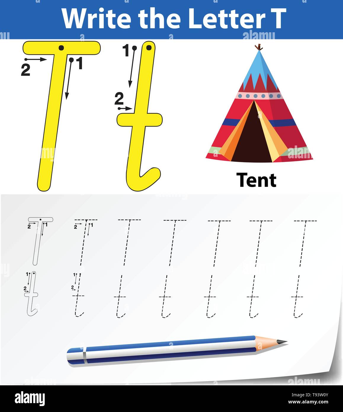Letter T tracing alphabet worksheets illustration Stock Vector Image ...