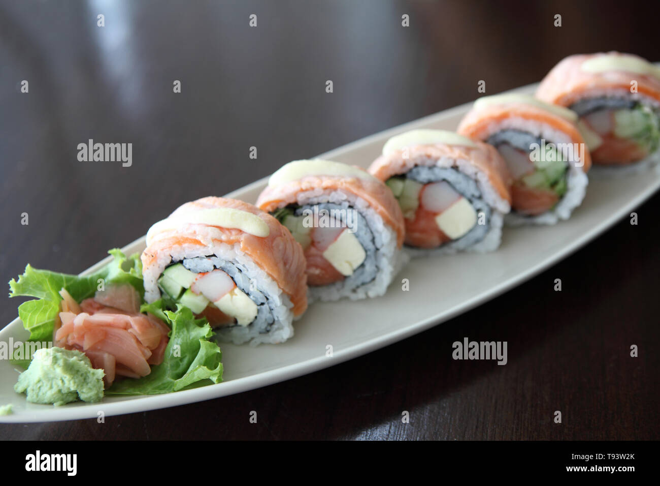 salmon sushi rolls Stock Photo - Alamy