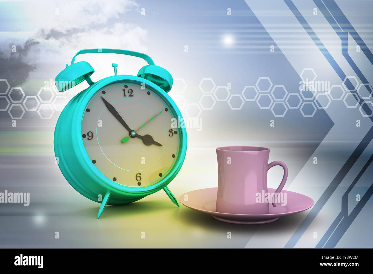 Alarm clock with cup of tea Stock Photo - Alamy