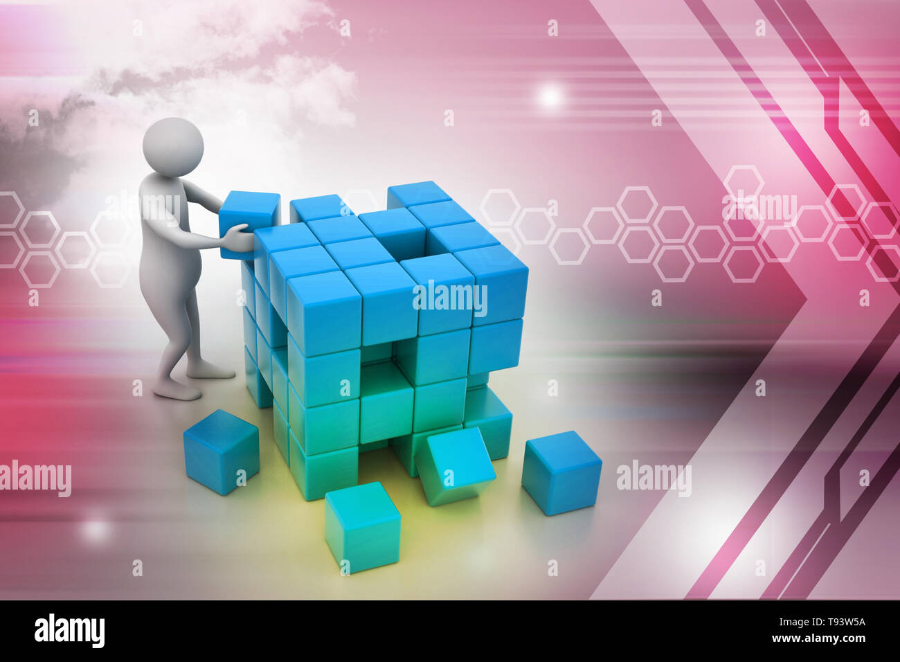 3d people - man, person pushing a cube Stock Photo - Alamy