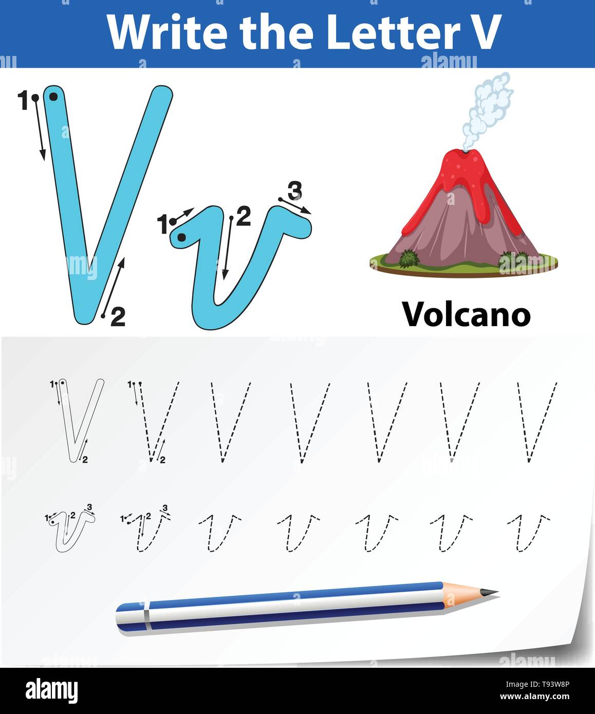 Letter V tracing alphabet worksheets illustration Stock Vector Image ...