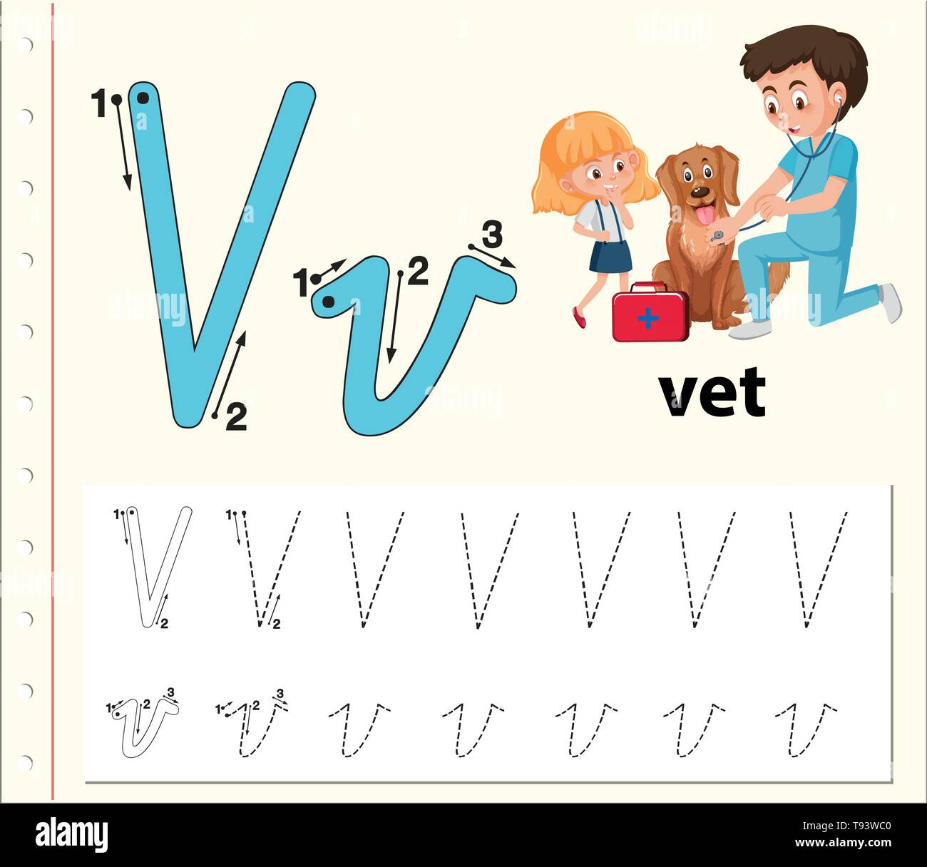 Letter V tracing alphabet worksheets illustration Stock Vector Image ...