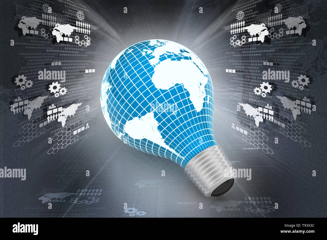 an electric light bulb with a world map Stock Photo - Alamy