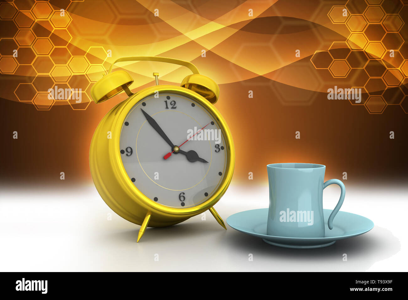 Alarm clock with cup of tea Stock Photo - Alamy