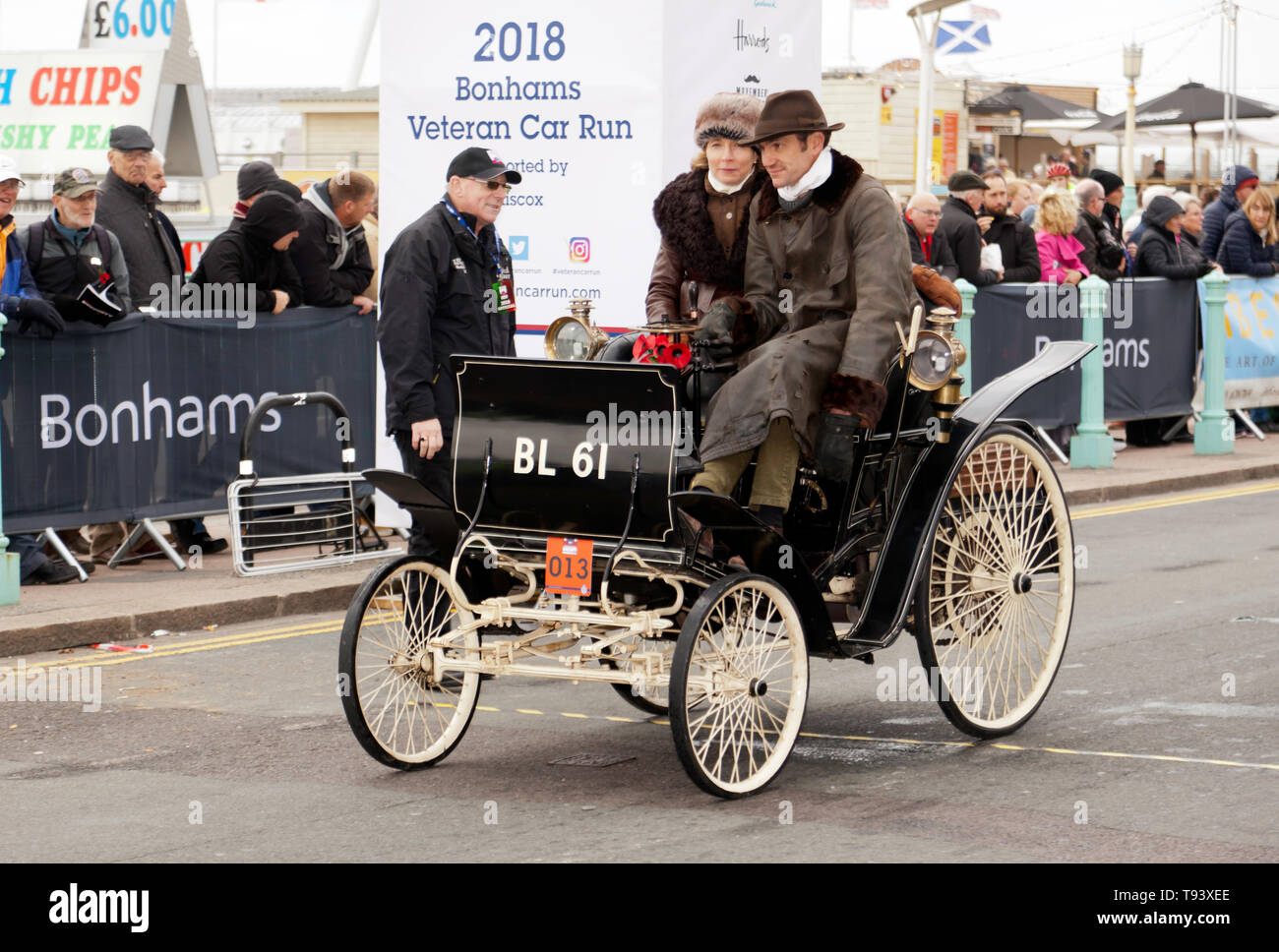 Mr Ben Collings driving his 1898 Benz, at the finish line of the 2018 ...