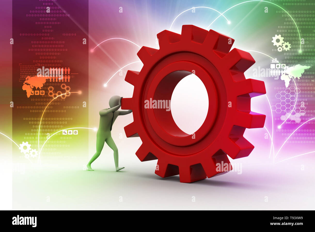 3d man pushing the gear Stock Photo - Alamy