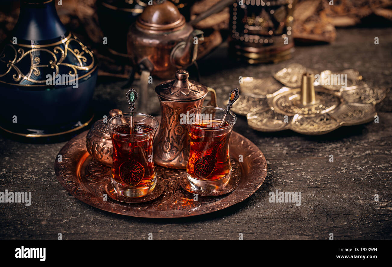 Turkish tea in traditional glass on tray Stock Photo - Alamy