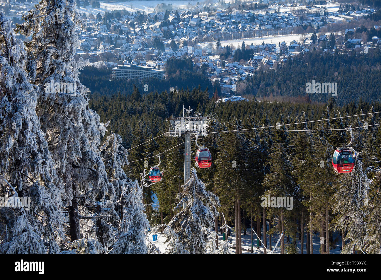 Cabins of the Wurmberg cable car in drive to the summit of the Wurmberg ...