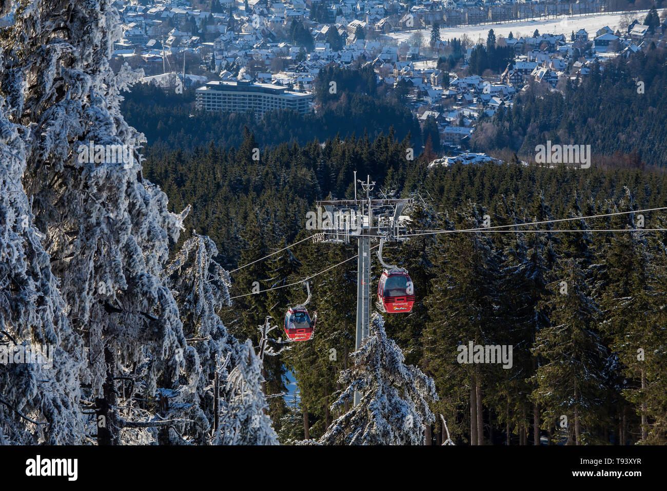 Cabins of the Wurmberg cable car in drive to the summit of the Wurmberg ...