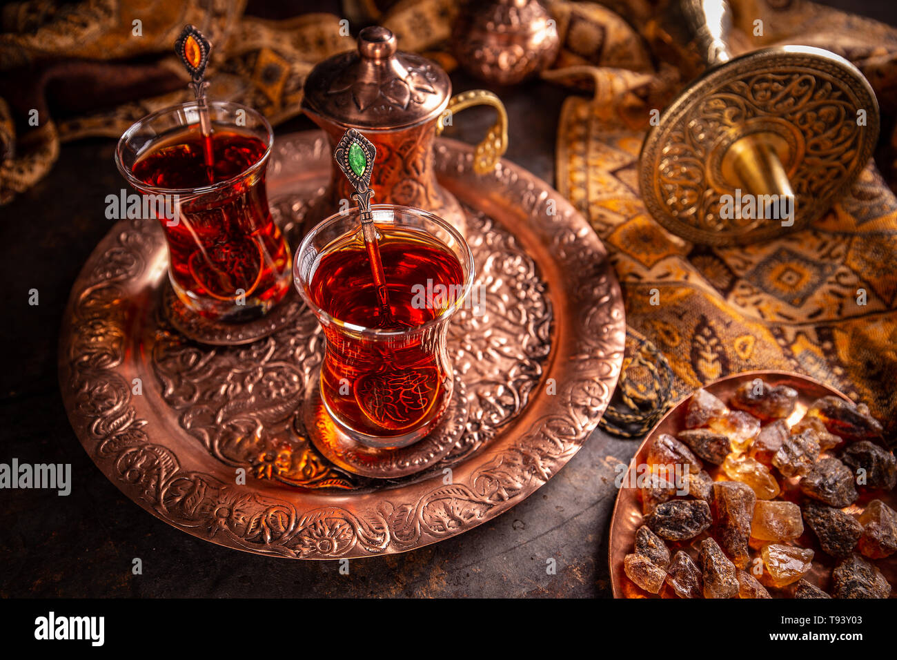 Turkish tea with authentic glass cup and copper tea kettles Stock Photo ...