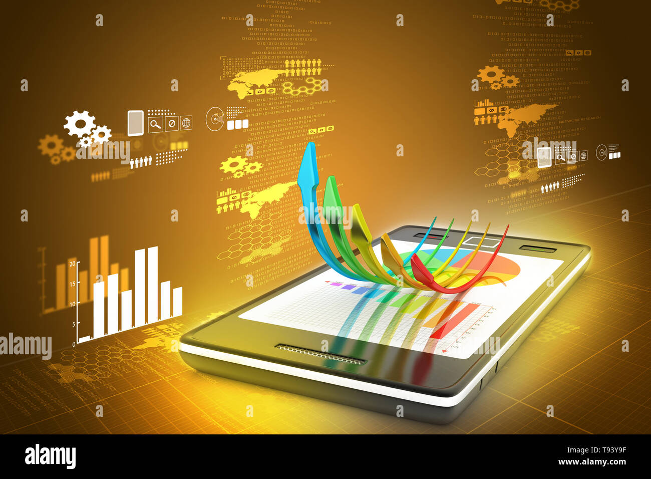Smart phone showing a growth graph and a pie chart Stock Photo - Alamy