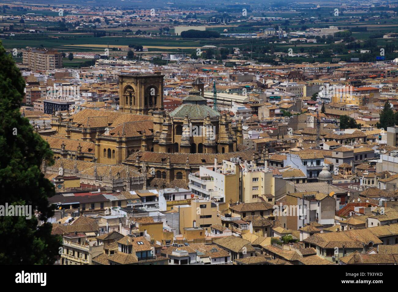 Aerial view over Granada from Alhambra with cathedral (Catedral ...