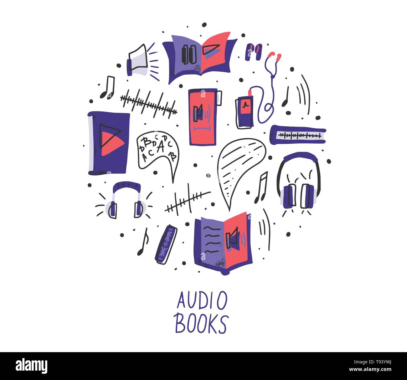 Round audiobooks concept. Set of audio book symbols with lettering ...