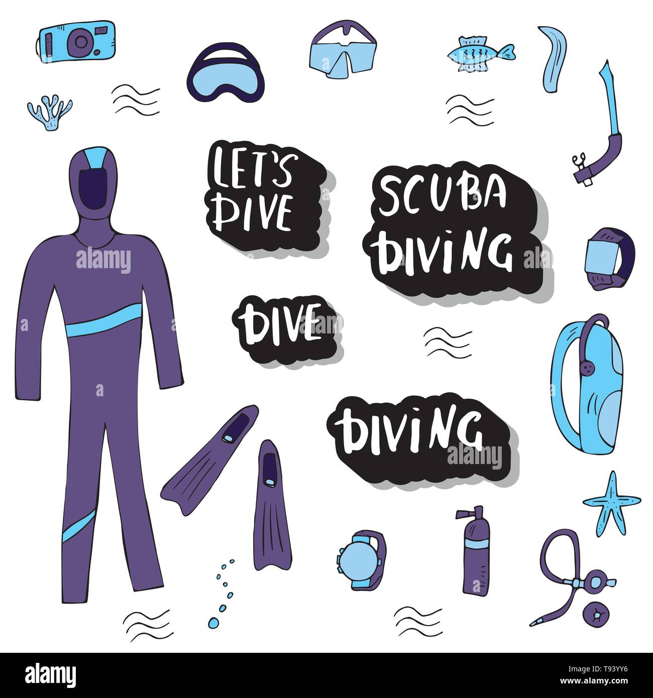 Scuba diving set of elements, lettering and equipment. Underwater ...