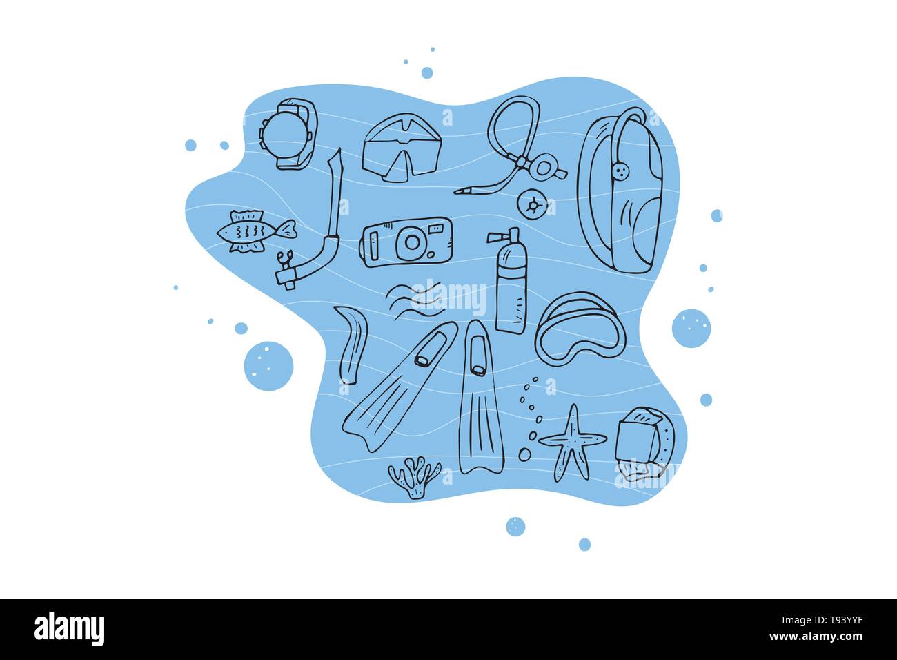 Scuba diving set of elements and equipment. Underwater activity symbols ...