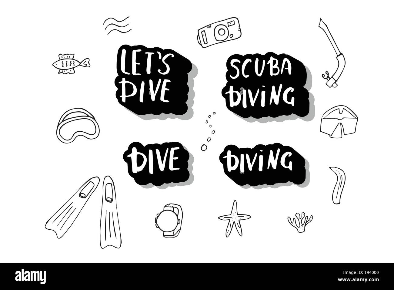 Set of scuba diving lettering, elements and equipment. Underwater ...