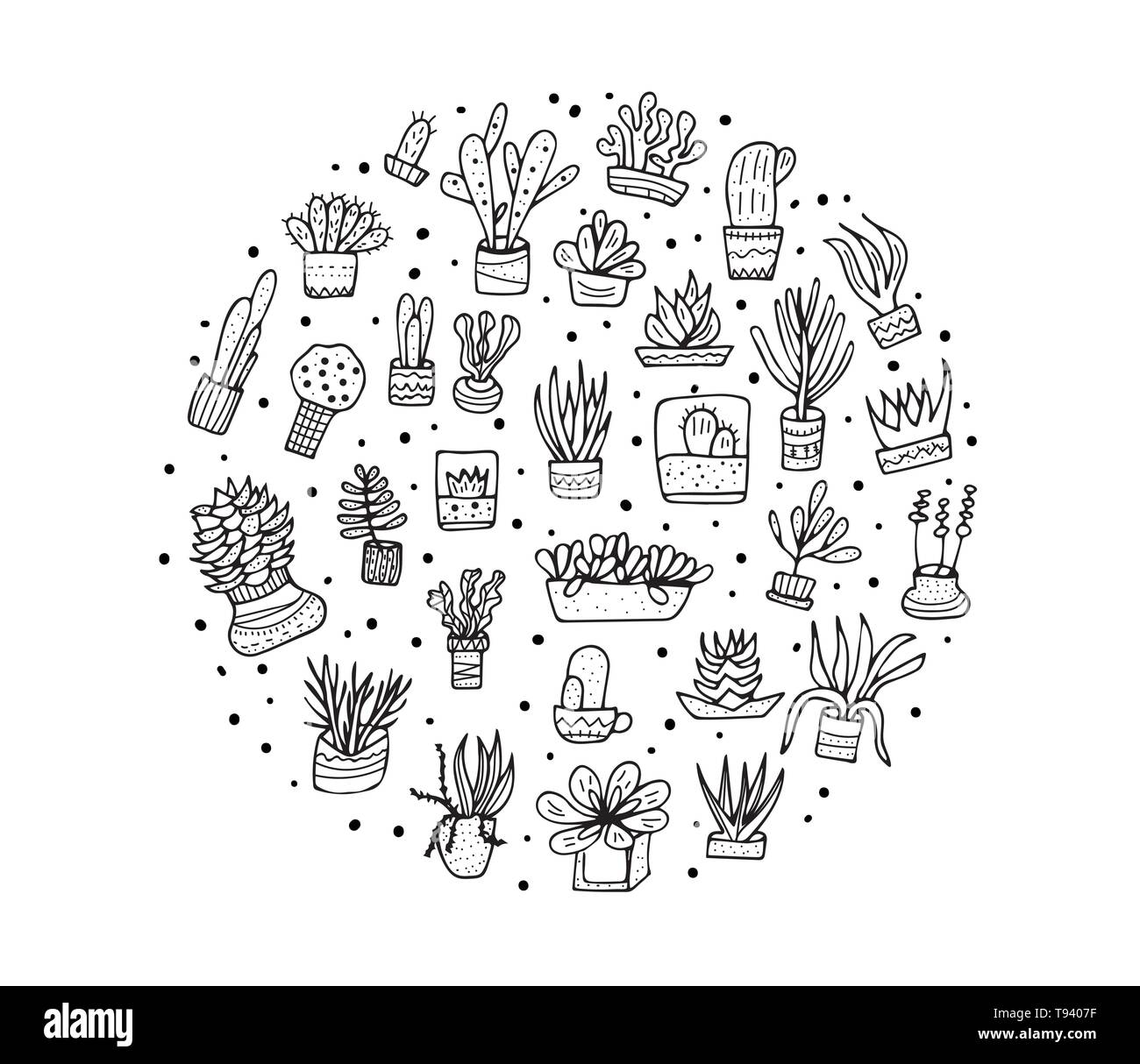Round badge of succulents in doodle style. Set of house plants. Poster ...