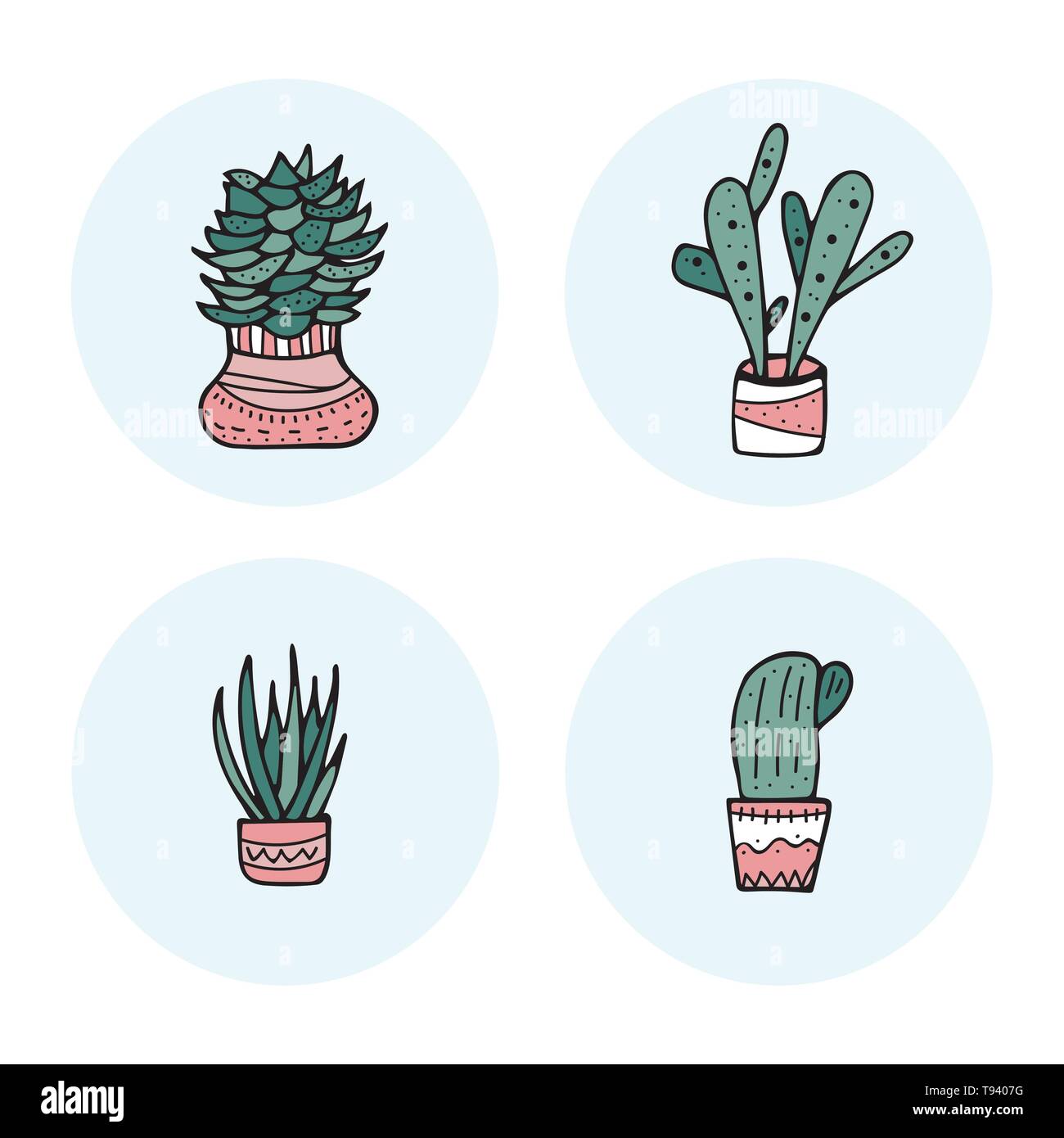 Succulents in doodle style. Set of house plants. Poster, banner ...