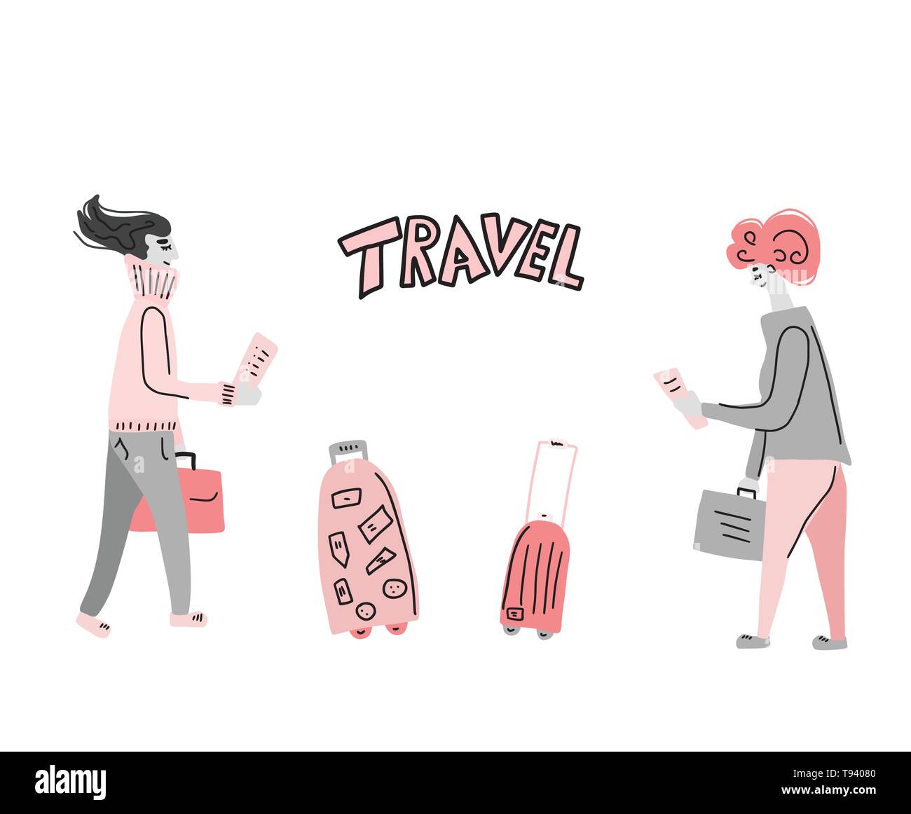 Passengers with luggage and letering. Characters in flat style. Hand ...