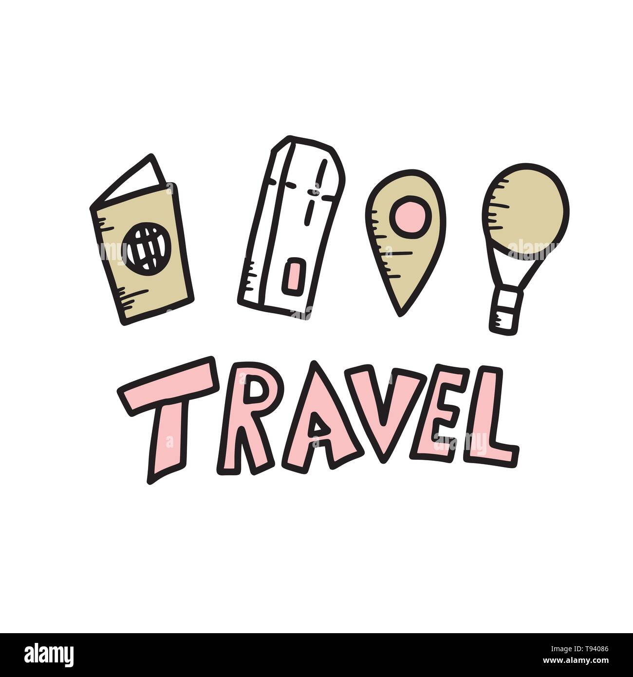 Set of travel symbols and lettering in doodle style. Hand drawn vector ...
