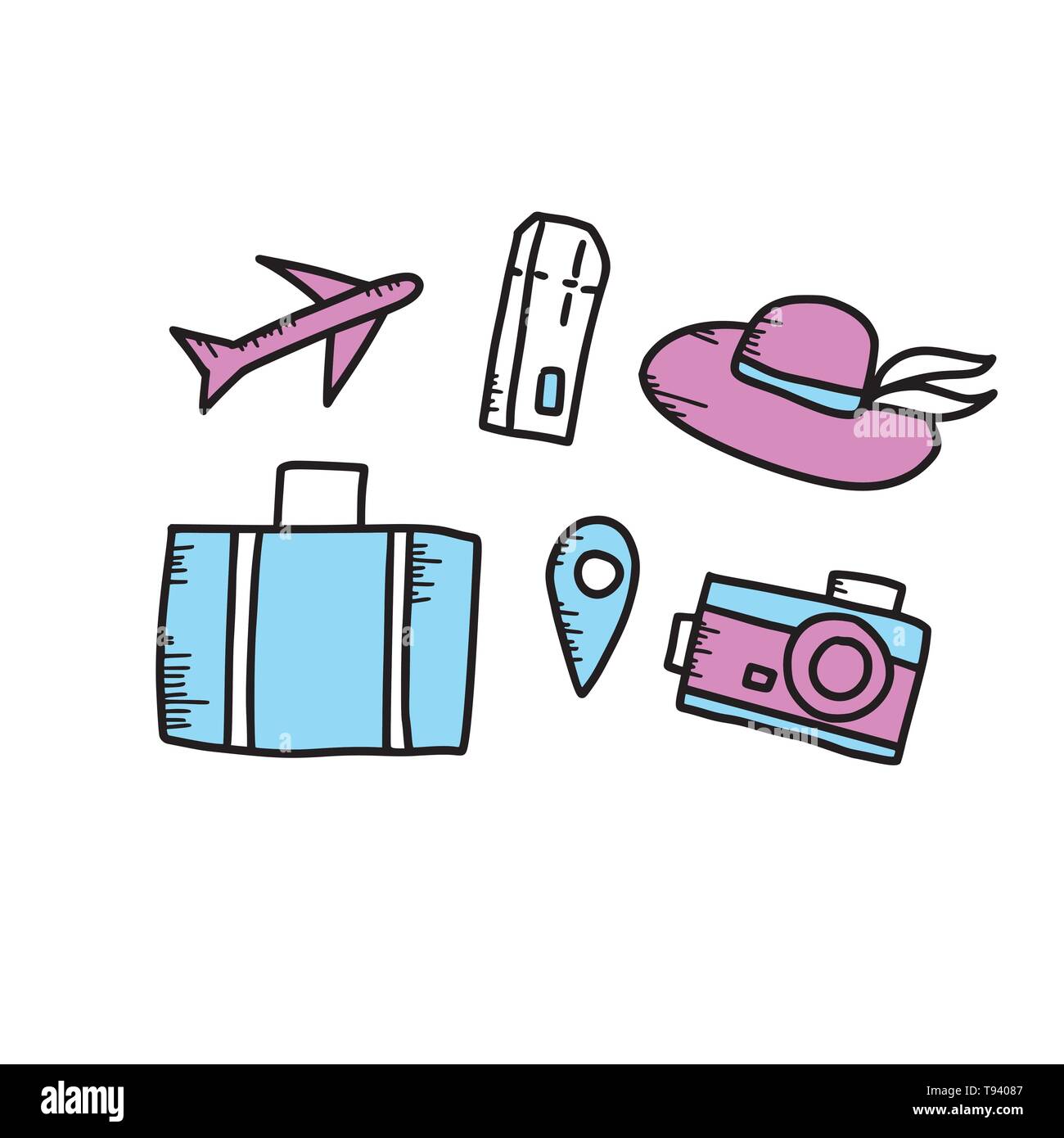 Set of travel symbols in doodle style. Hand drawn vector trip elements ...