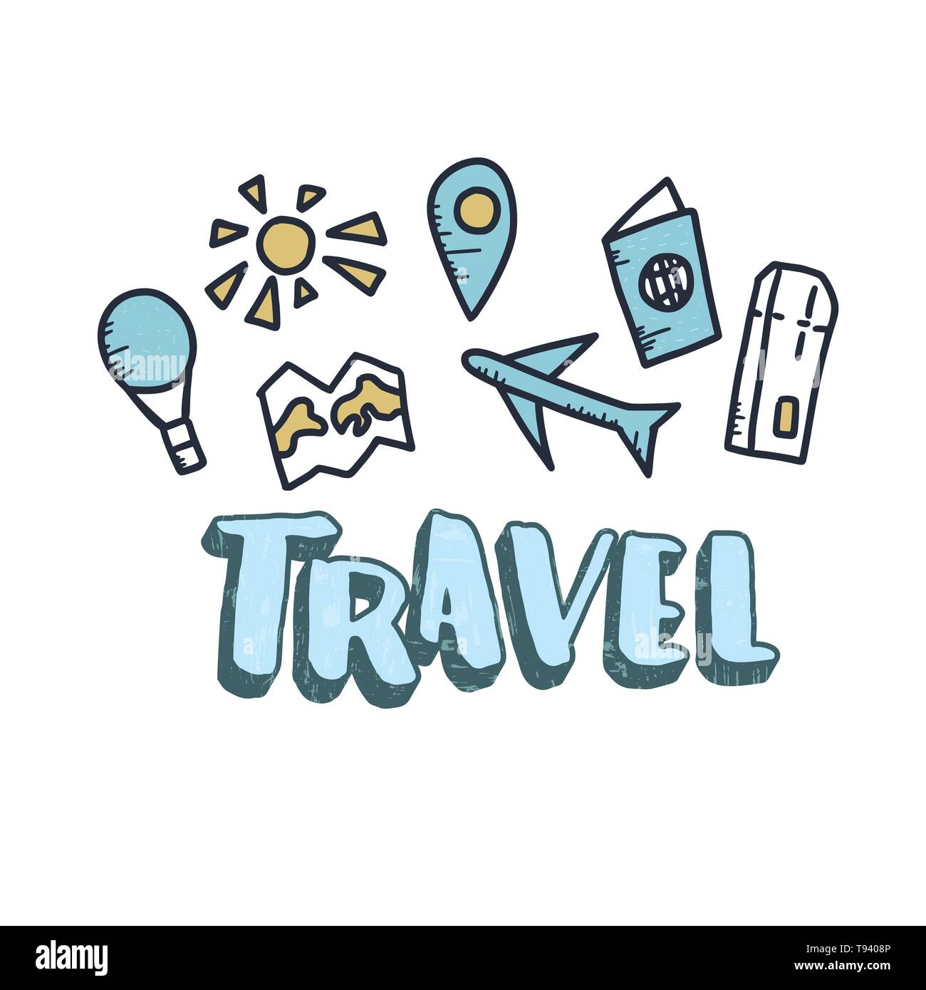 Set of travel symbols in doodle style. Hand drawn vector trip elements ...