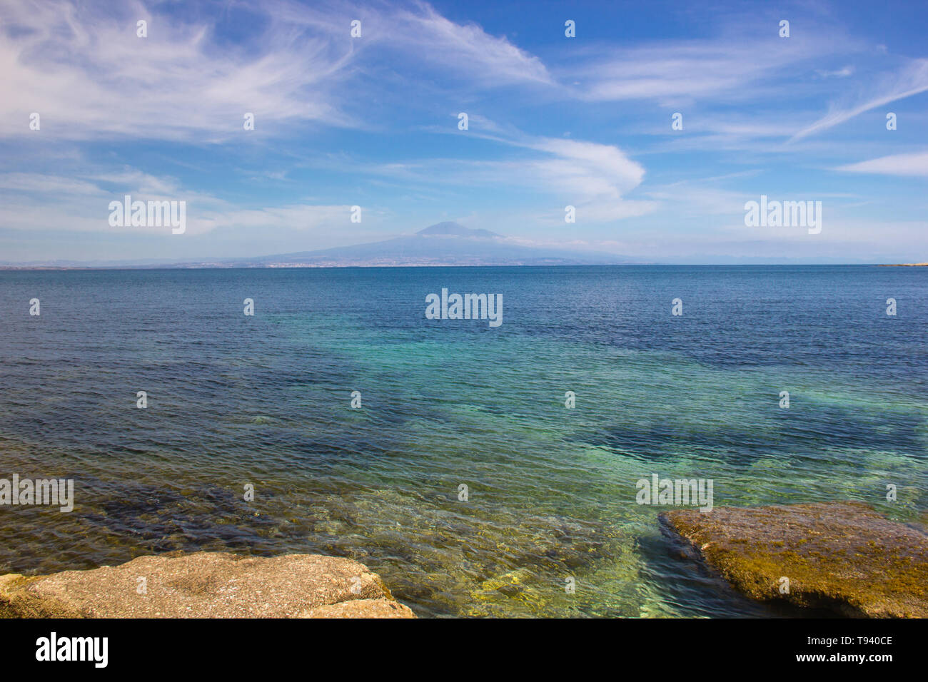 Brucoli scenic seascape from coast, transparent sea, blue sky and the ...