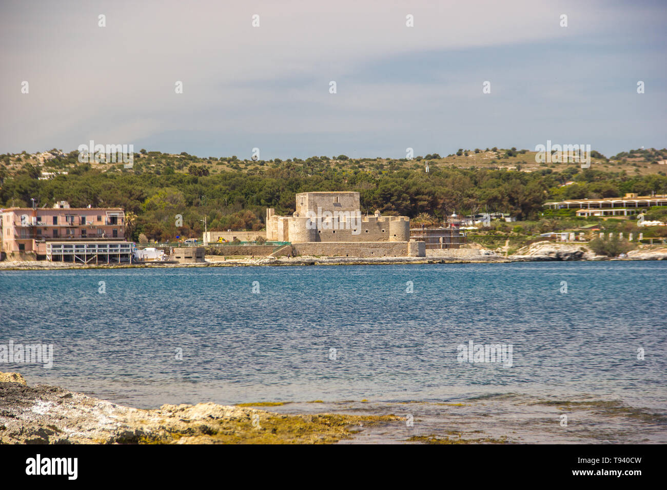 Brucoli view of the village from the coast, the fortress with buildings ...