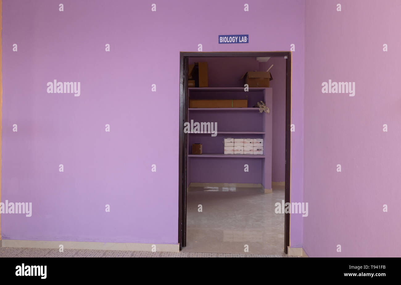 Board showing Biology lab at the entrance of the class room in college ...