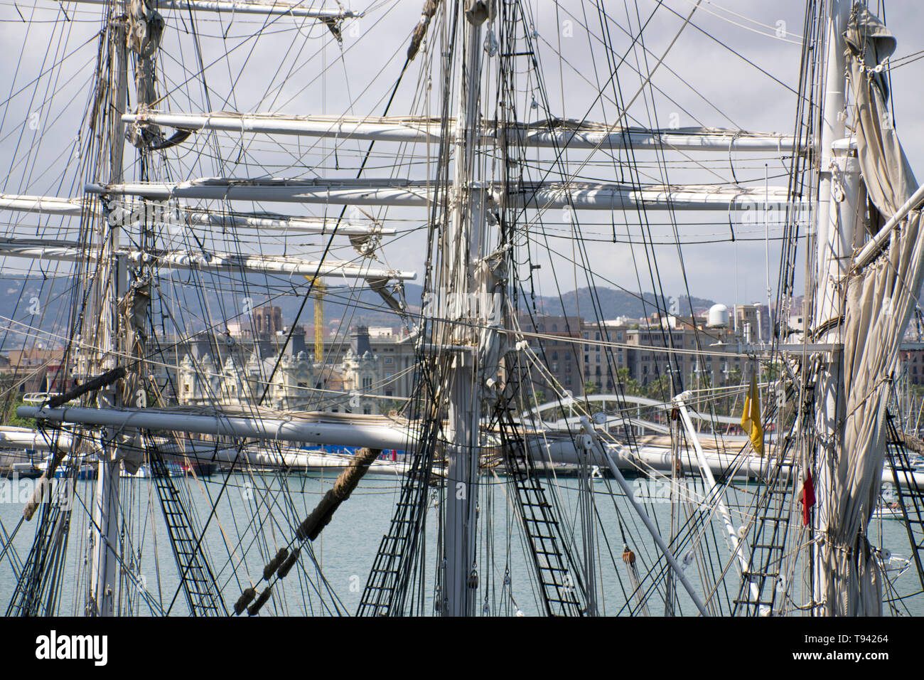 Sticks, masts and rigging of the French Belem sailboat, in the ...
