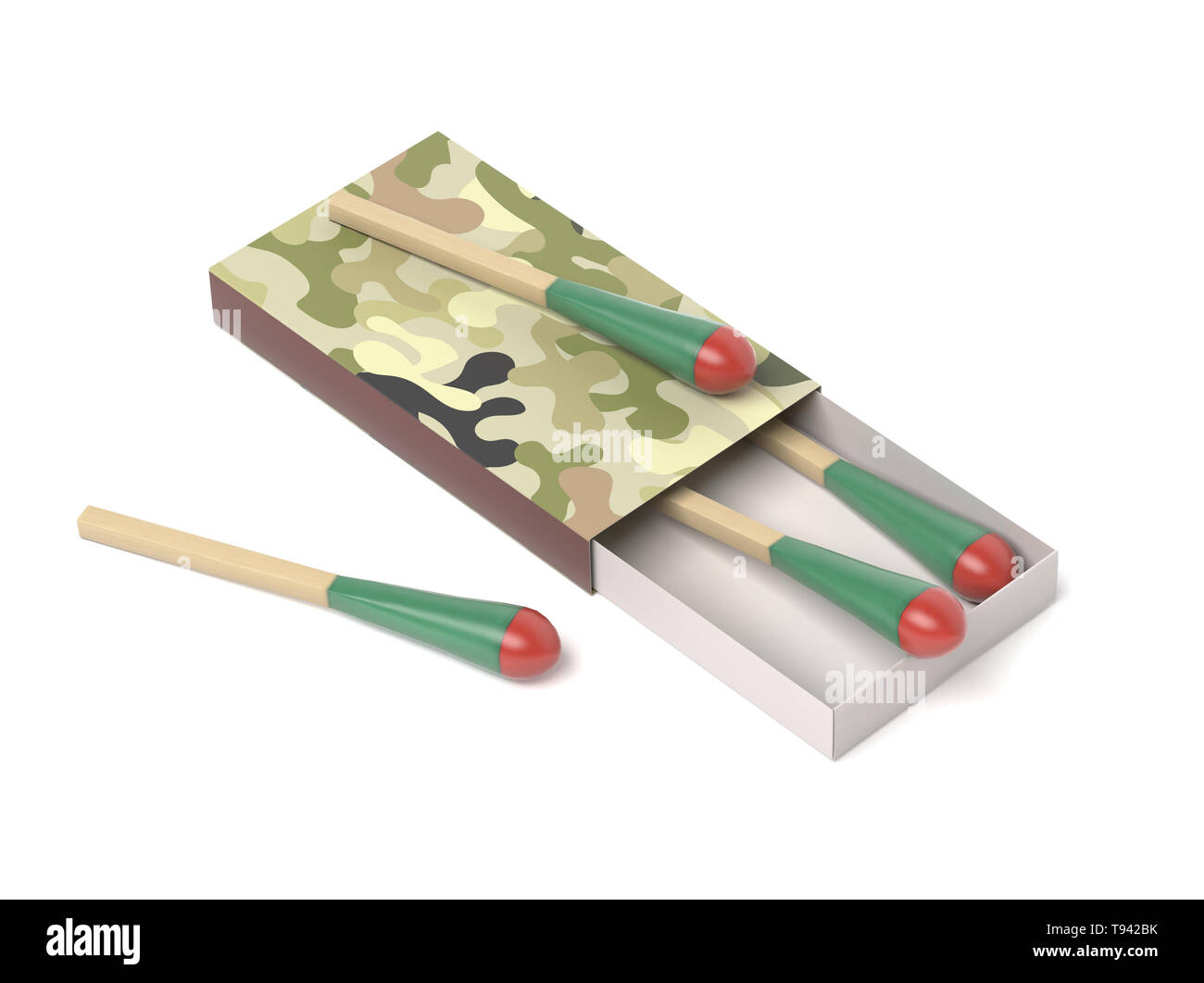 Matchsticks in a box with camouflage packaging. 3d rendering ...