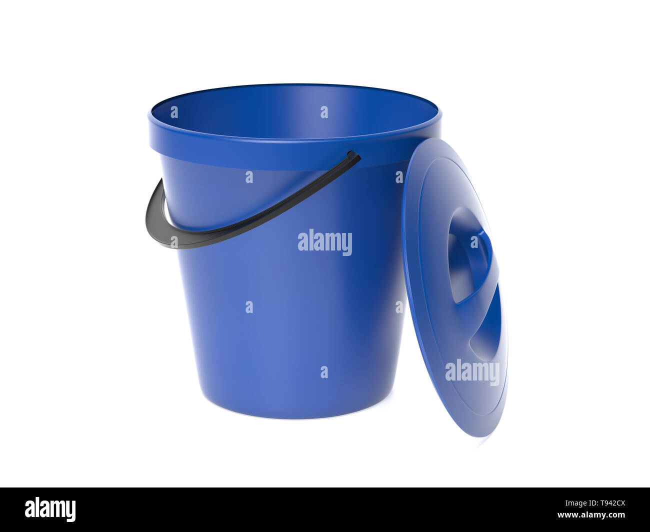 Blue plastic bucket with open lid. 3d rendering illustration isolated ...