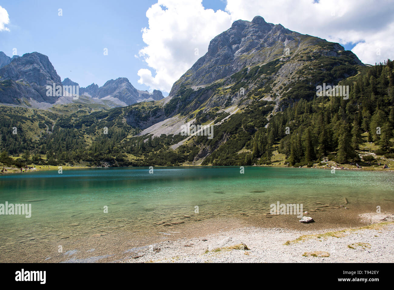 Panorama of mountain lake Seebensee in Tirol, Austria in summertime ...