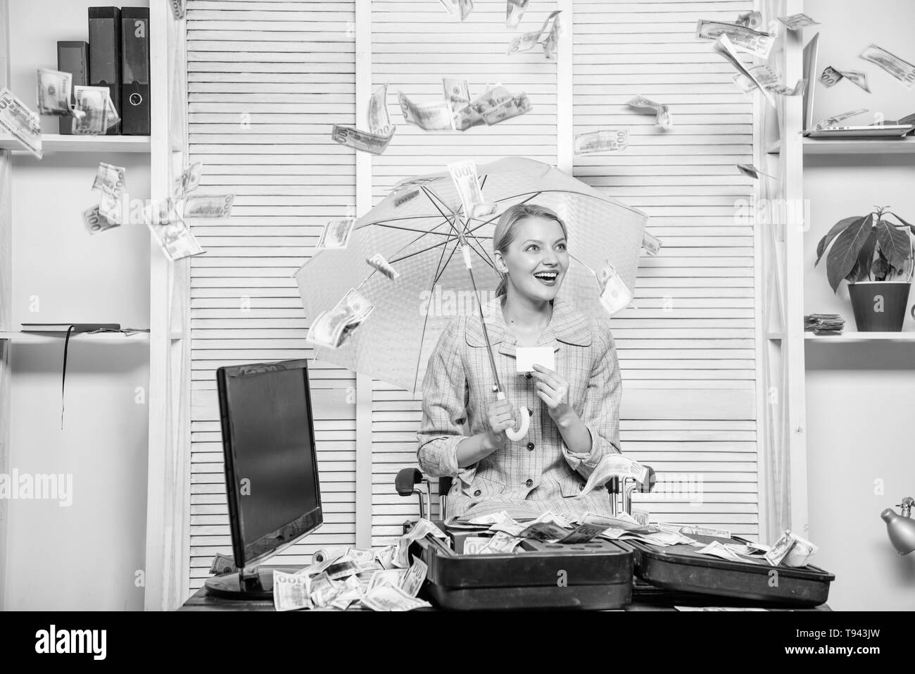 Woman business lady or accountant under umbrella. Financial success ...