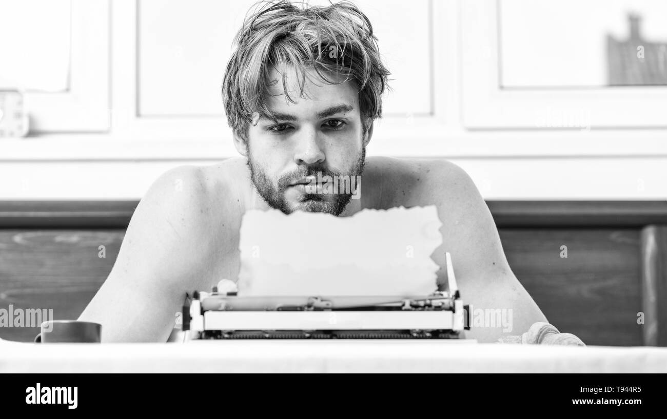 No day without chapter. Vintage typewriter concept. Man typing retro ...