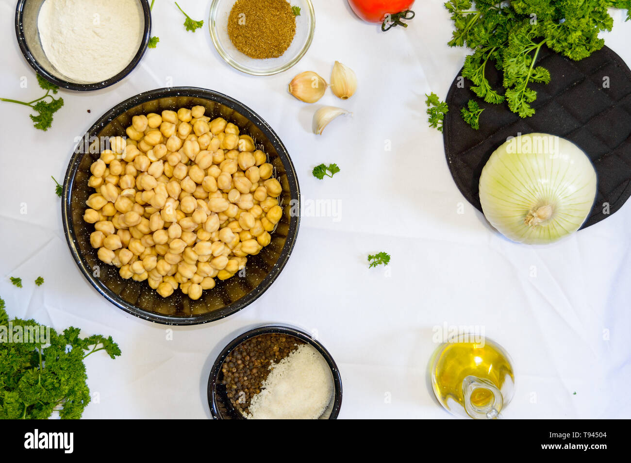 Flat lay, ingredients for cooking falafel, food from Egypt. Chickpeas ...