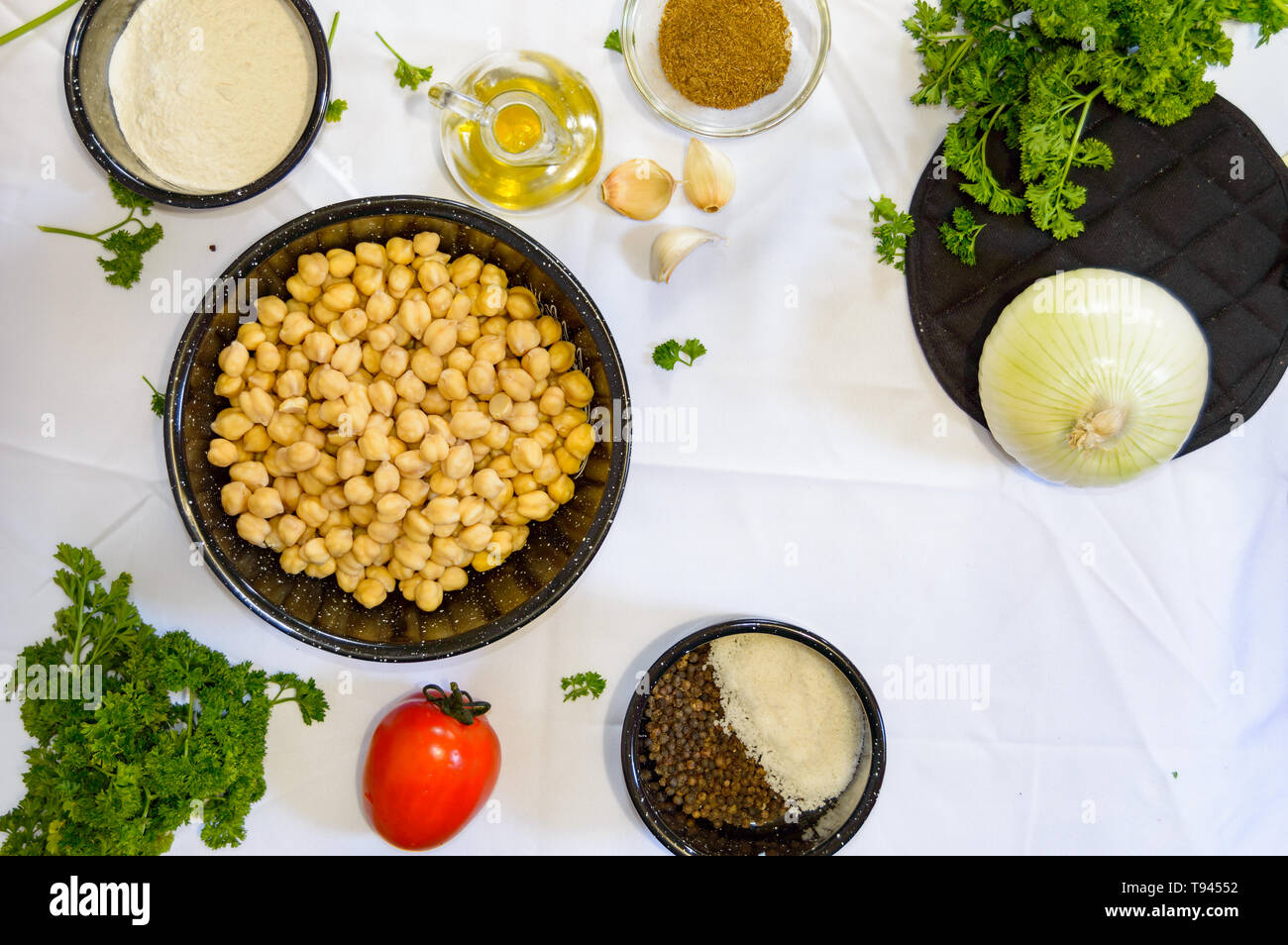 Flat lay, ingredients for cooking falafel, food from Egypt. Chickpeas ...