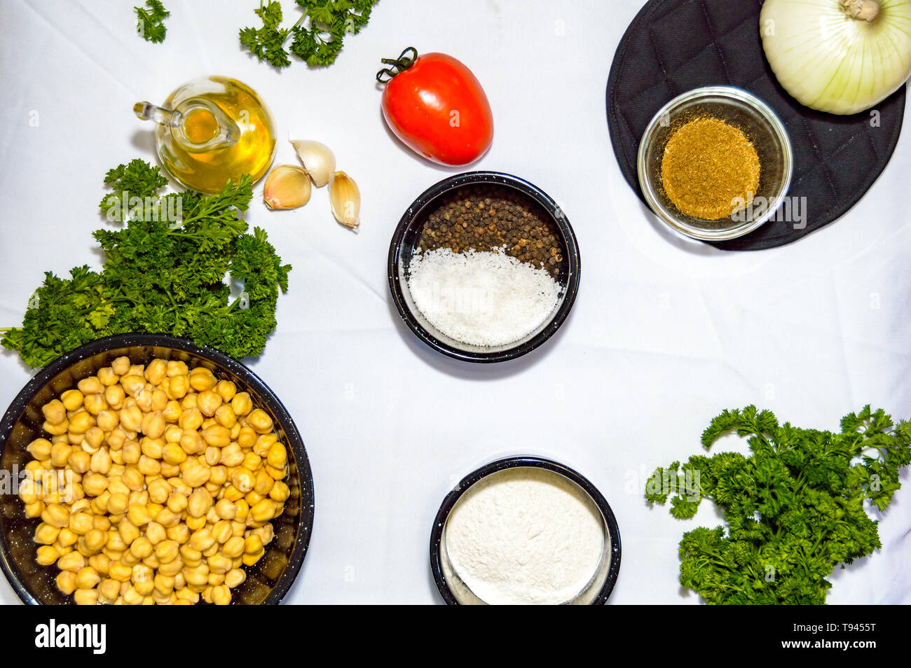 Flat lay, ingredients for cooking falafel, food from Egypt. Chickpeas ...