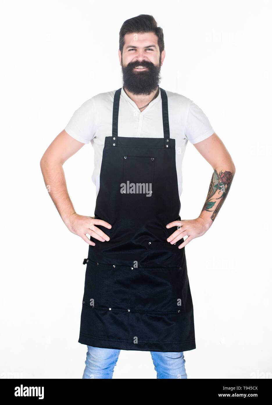 Let my happy smile warm your hearts. Happy man wearing barber or ...