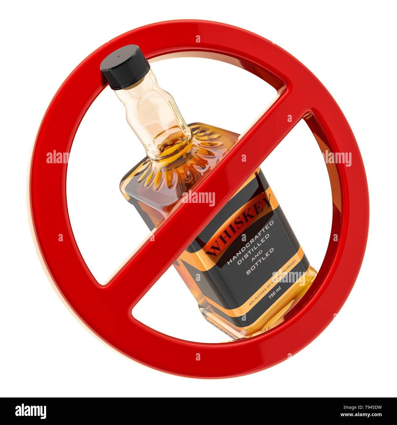 Alcohol prohibition concept. Bottle of whiskey inside forbidden sign ...