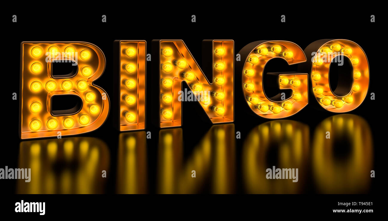 Bingo signboard from golden light bulb letters, retro glowing font. 3D ...