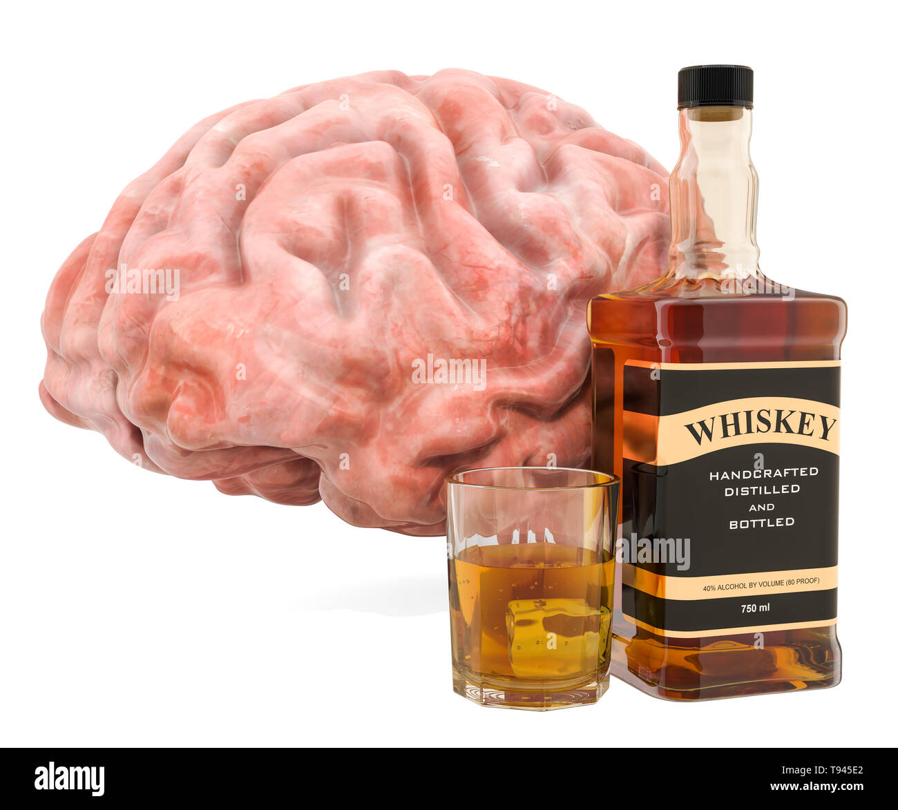 Brain and alcohol drink, alcohol-related brain damage concept. 3D ...