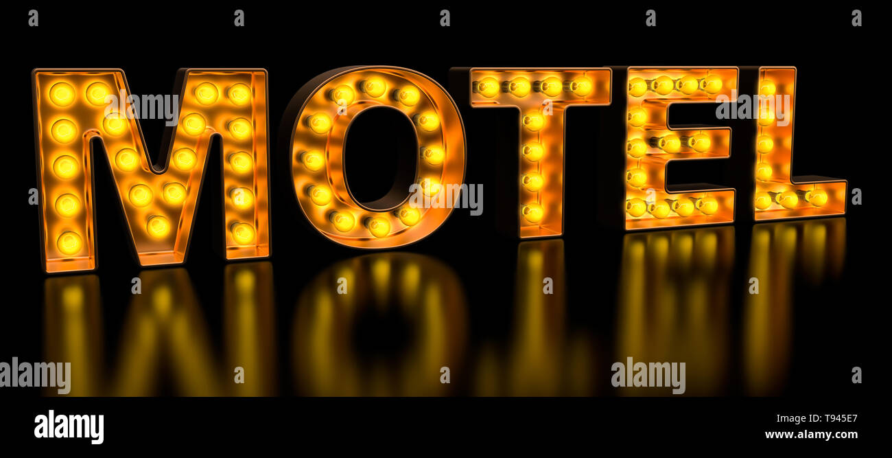 Motel signboard from golden light bulb letters, retro glowing font. 3D ...