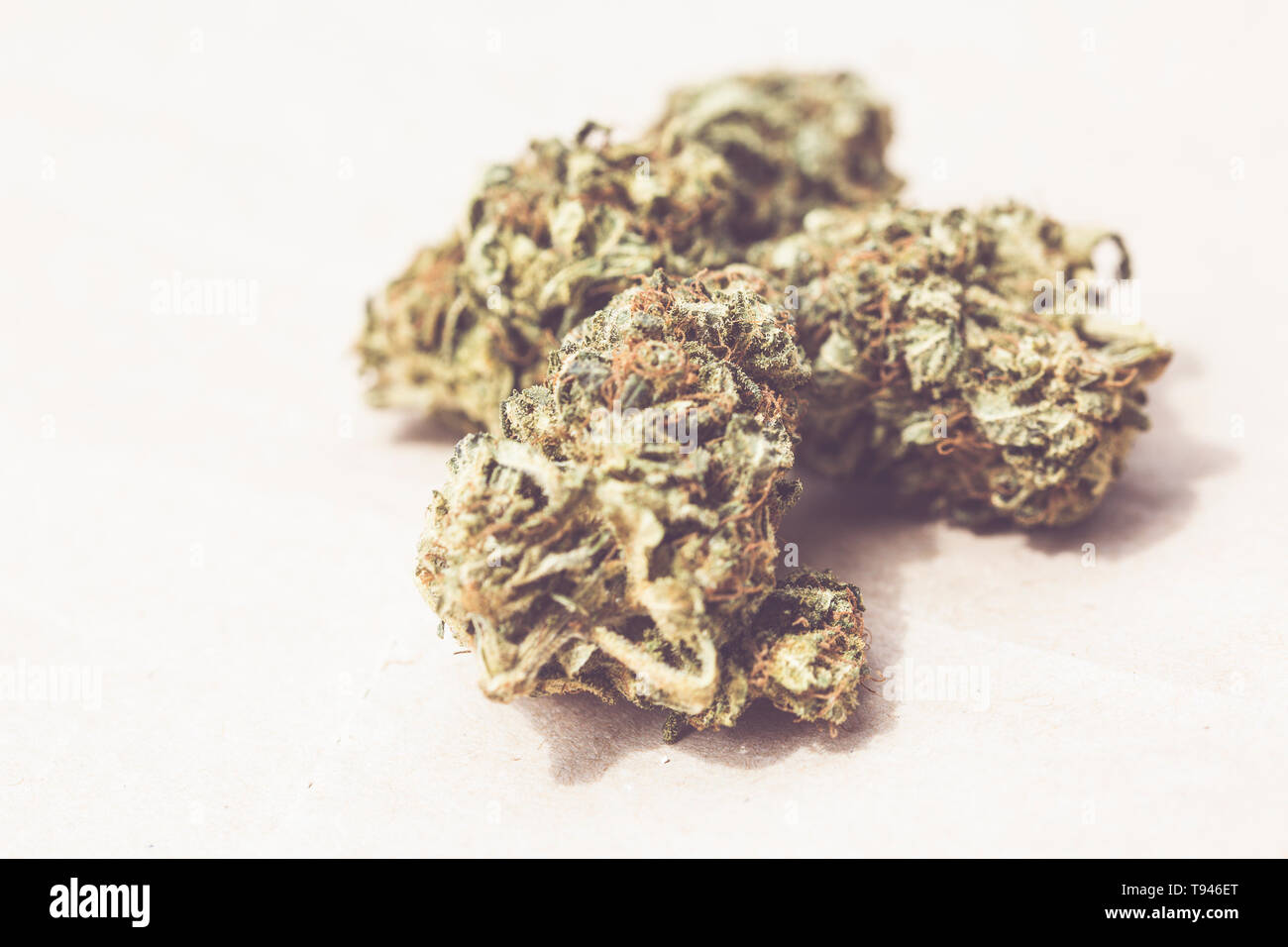 Detail of legal marijuana flowers photographed on paper background ...