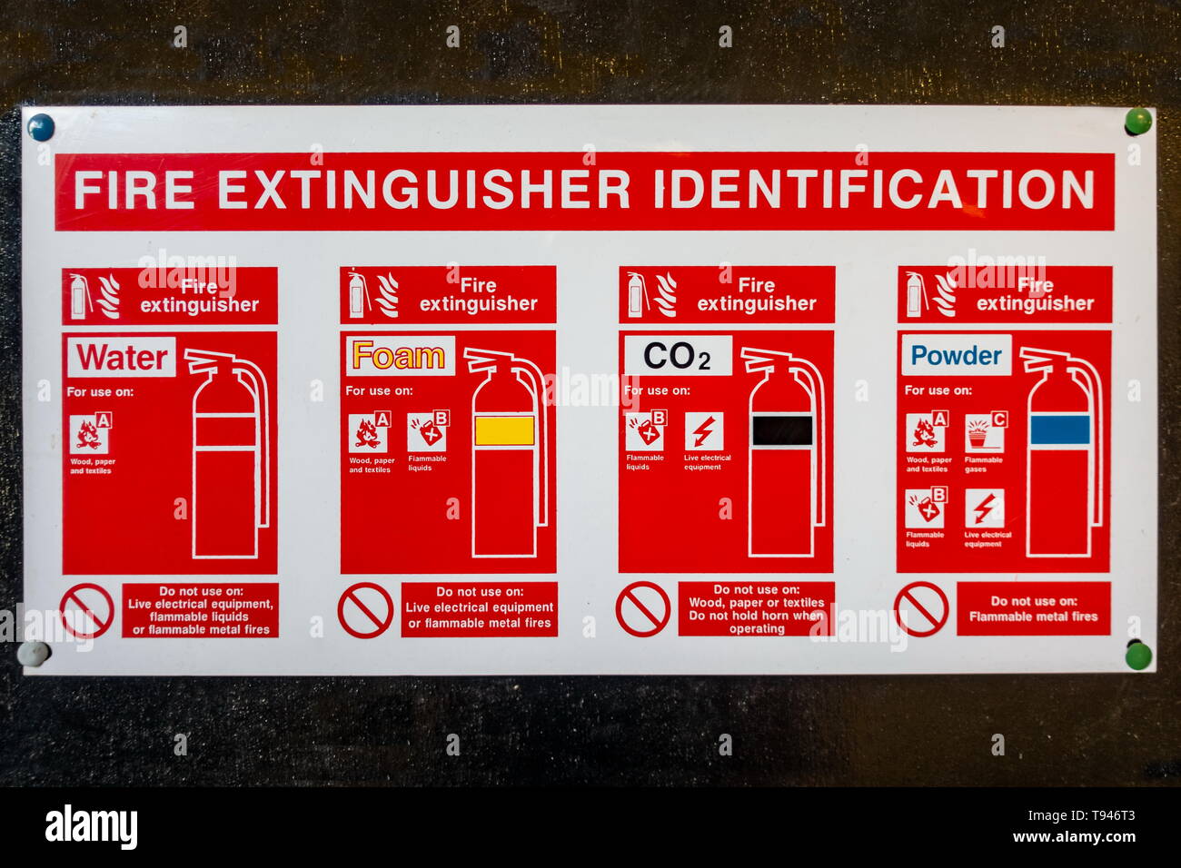 Fire extinguisher identification sign pinned to the back of a black ...