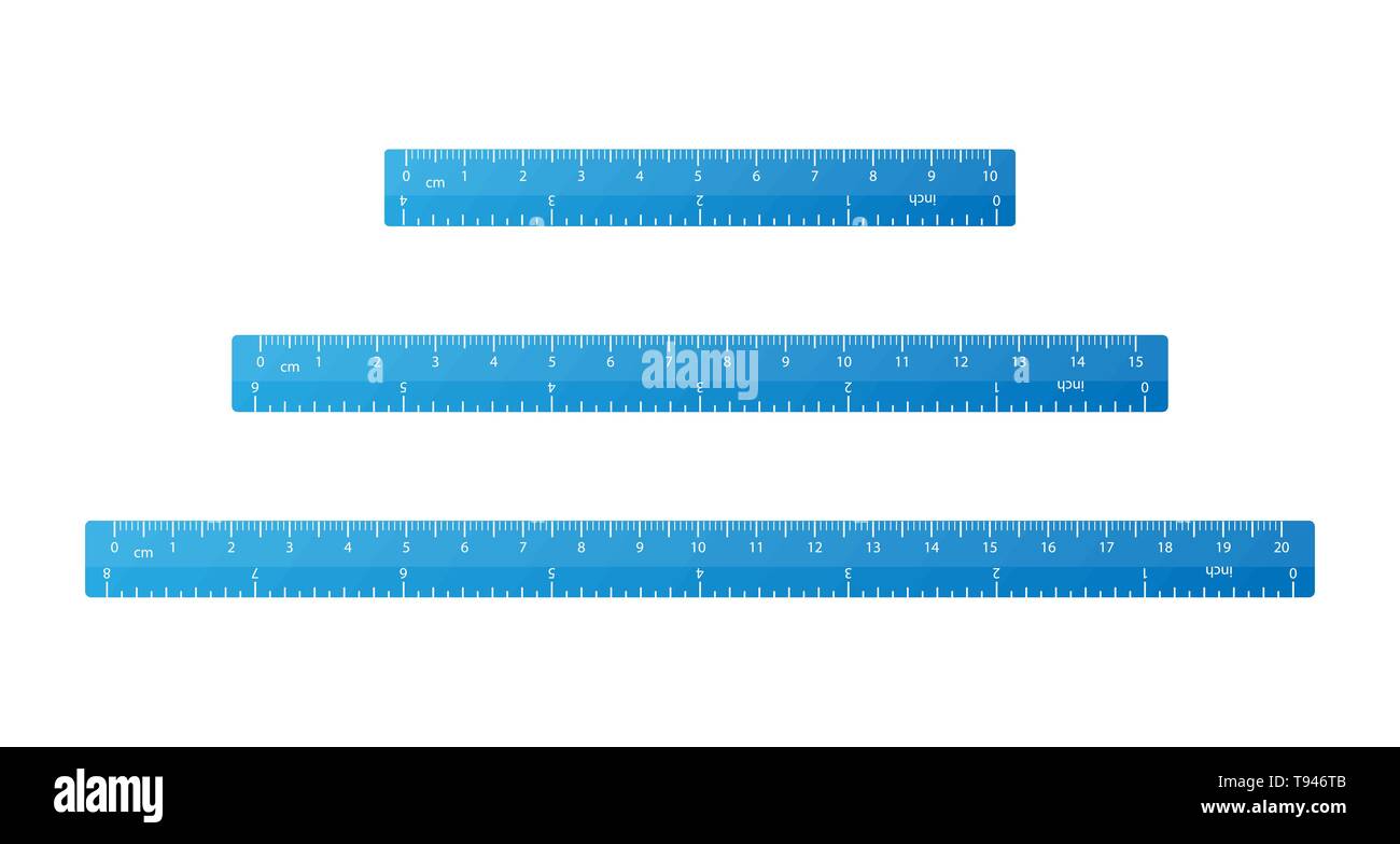 Set of bright blue school rulers with centimeter and inch marks ...