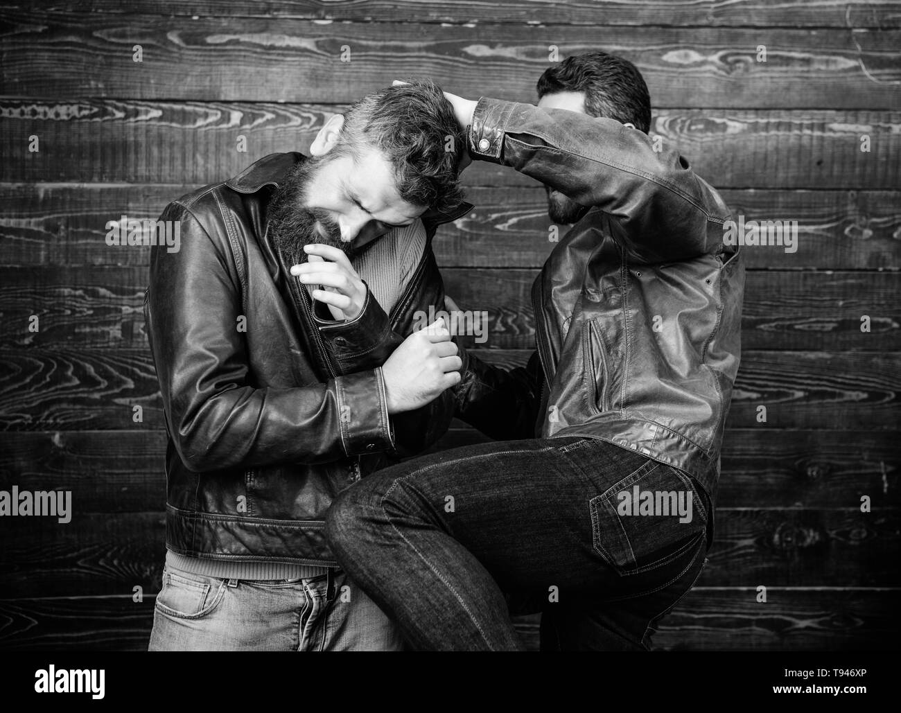 Street fight concept. Men brutal hooligans wear leather jackets ...